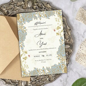 Custom Nikah Invitation Template, Gold Flower Muslim Wedding Reception ...