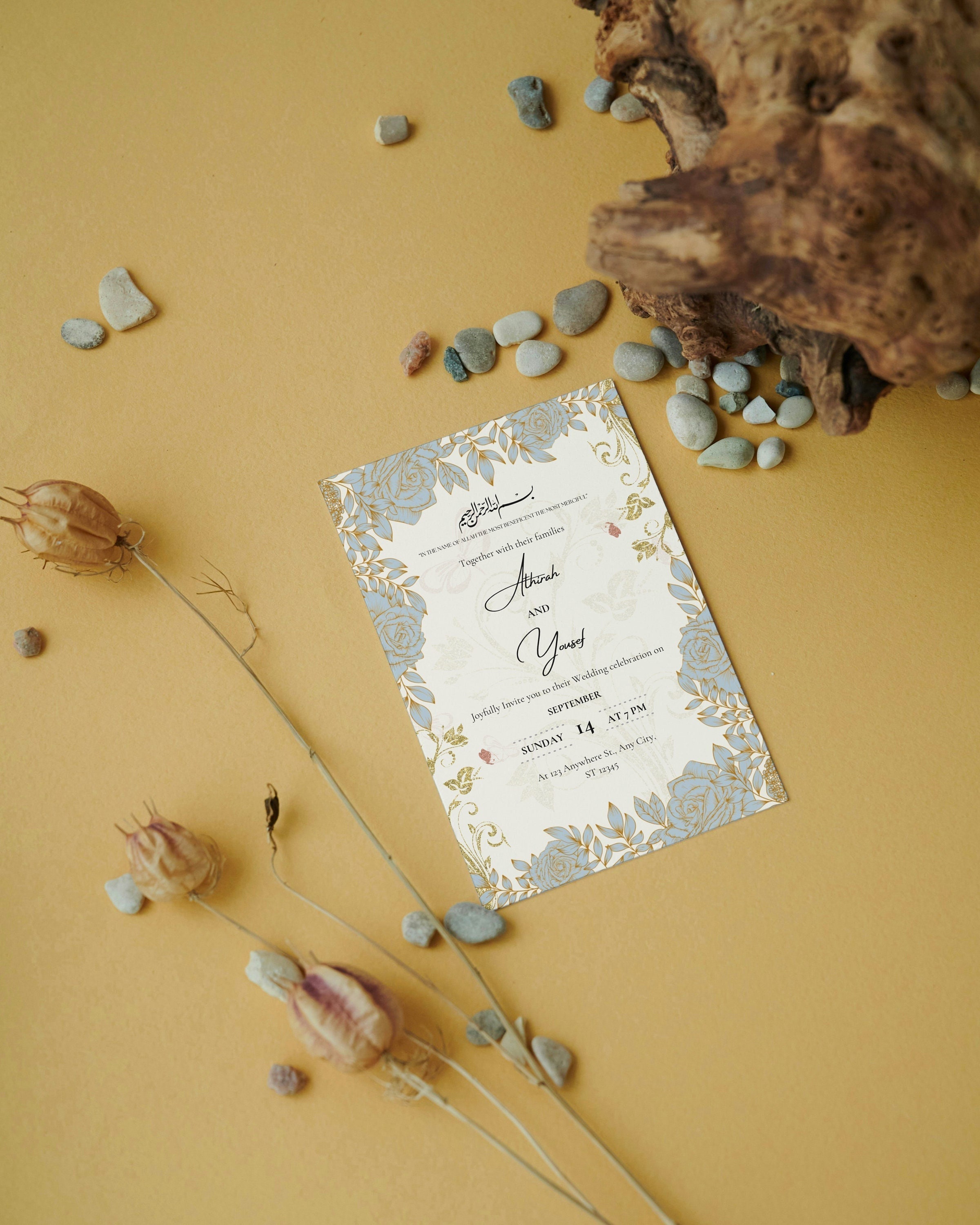 Custom Nikah Invitation Template, Gold Flower Muslim Wedding Reception ...