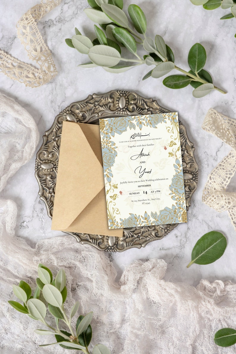 Custom Nikah Invitation Template, Gold Flower Muslim Wedding Reception ...