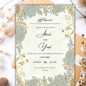 Custom Nikah Invitation Template, Gold Flower Muslim Wedding Reception ...