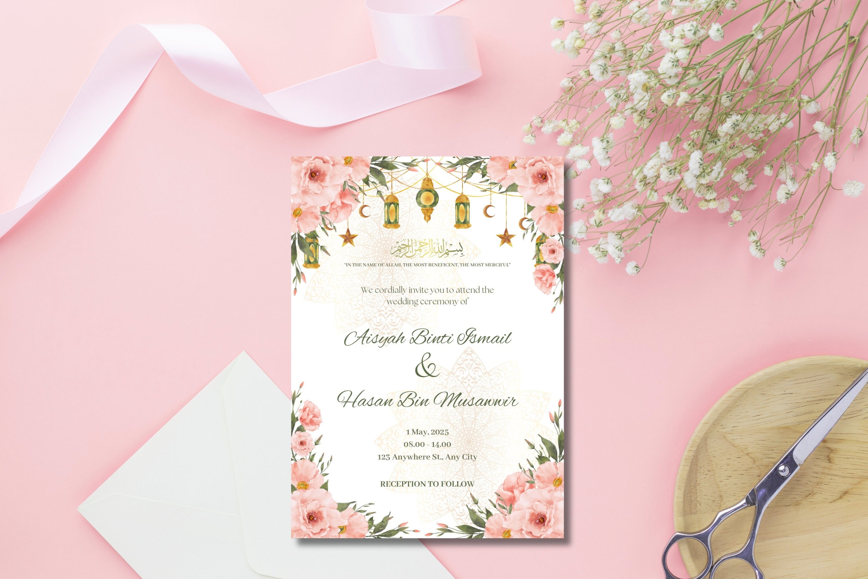 Custom Nikah Invitation Template, Pink Roses Muslim Wedding Reception ...
