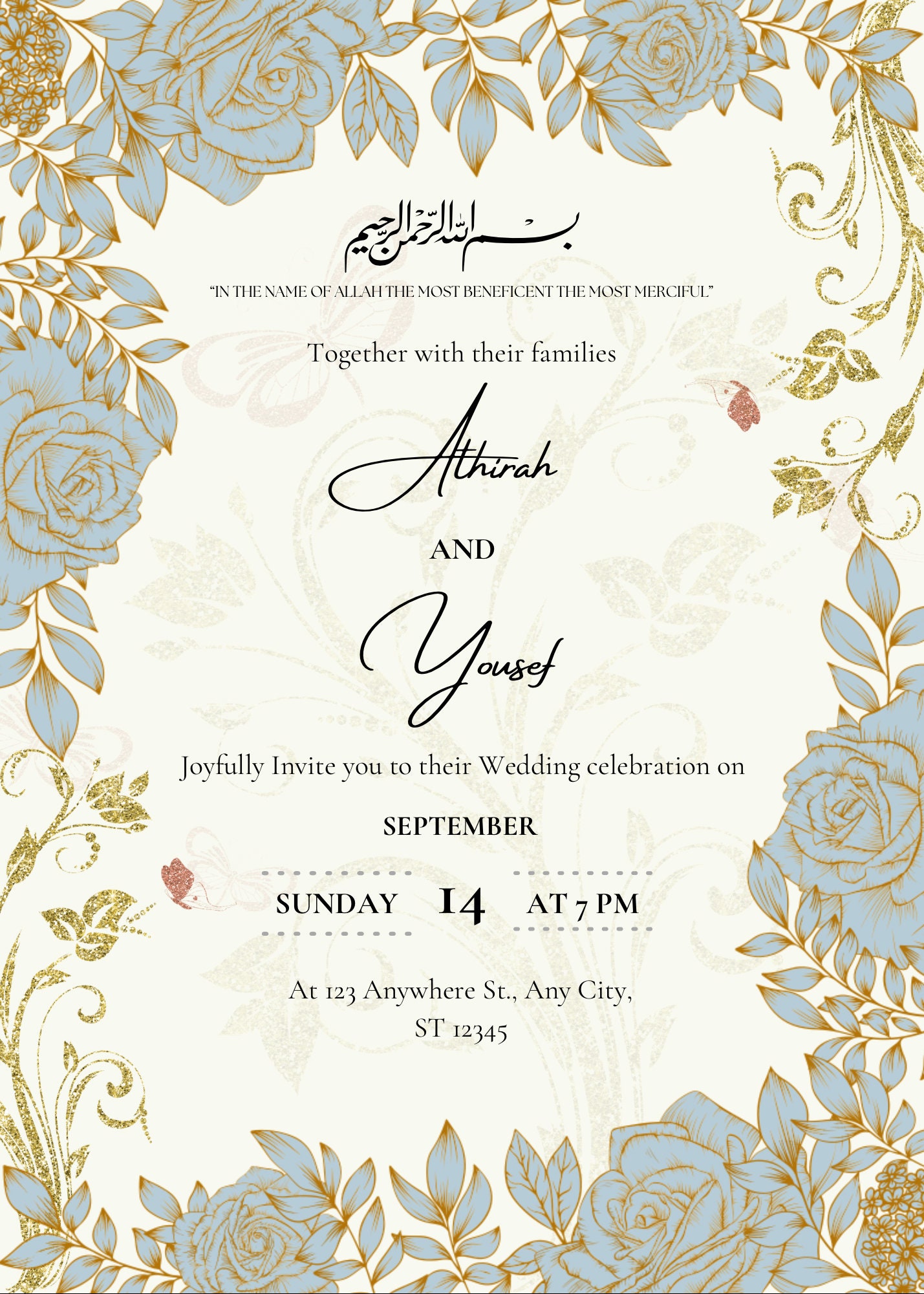 Custom Nikah Invitation Template, Gold Flower Muslim Wedding Reception ...
