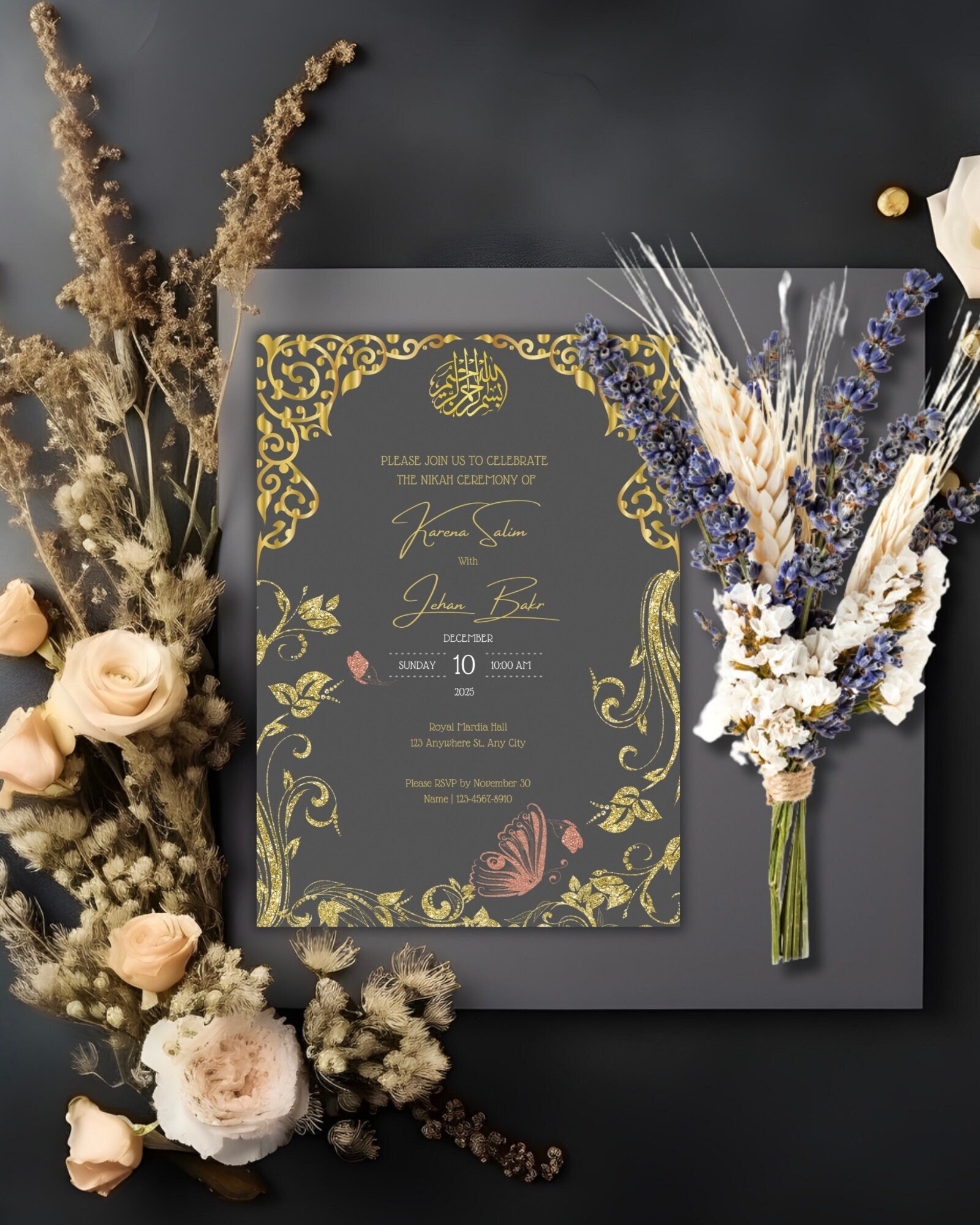 Custom Nikah Invitation Template, Dark Gold Muslim Wedding Reception ...