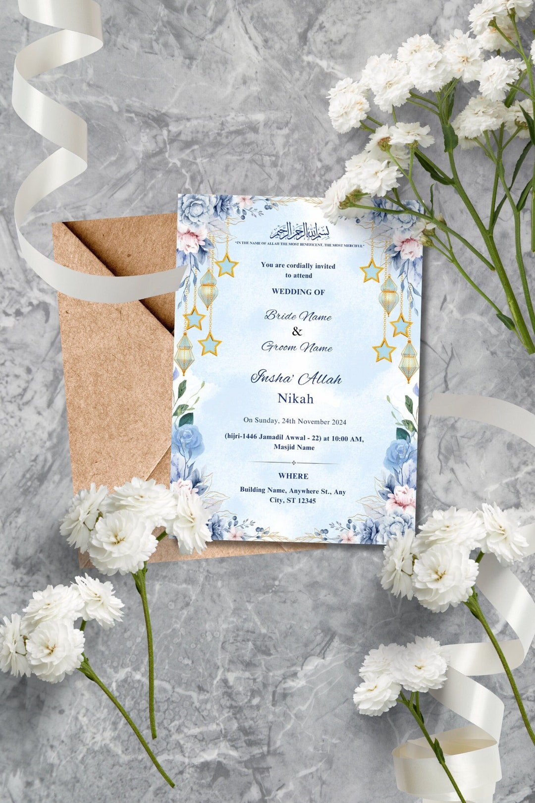 Custom Nikah Invitation Template, Baby Blue Muslim Wedding Reception ...