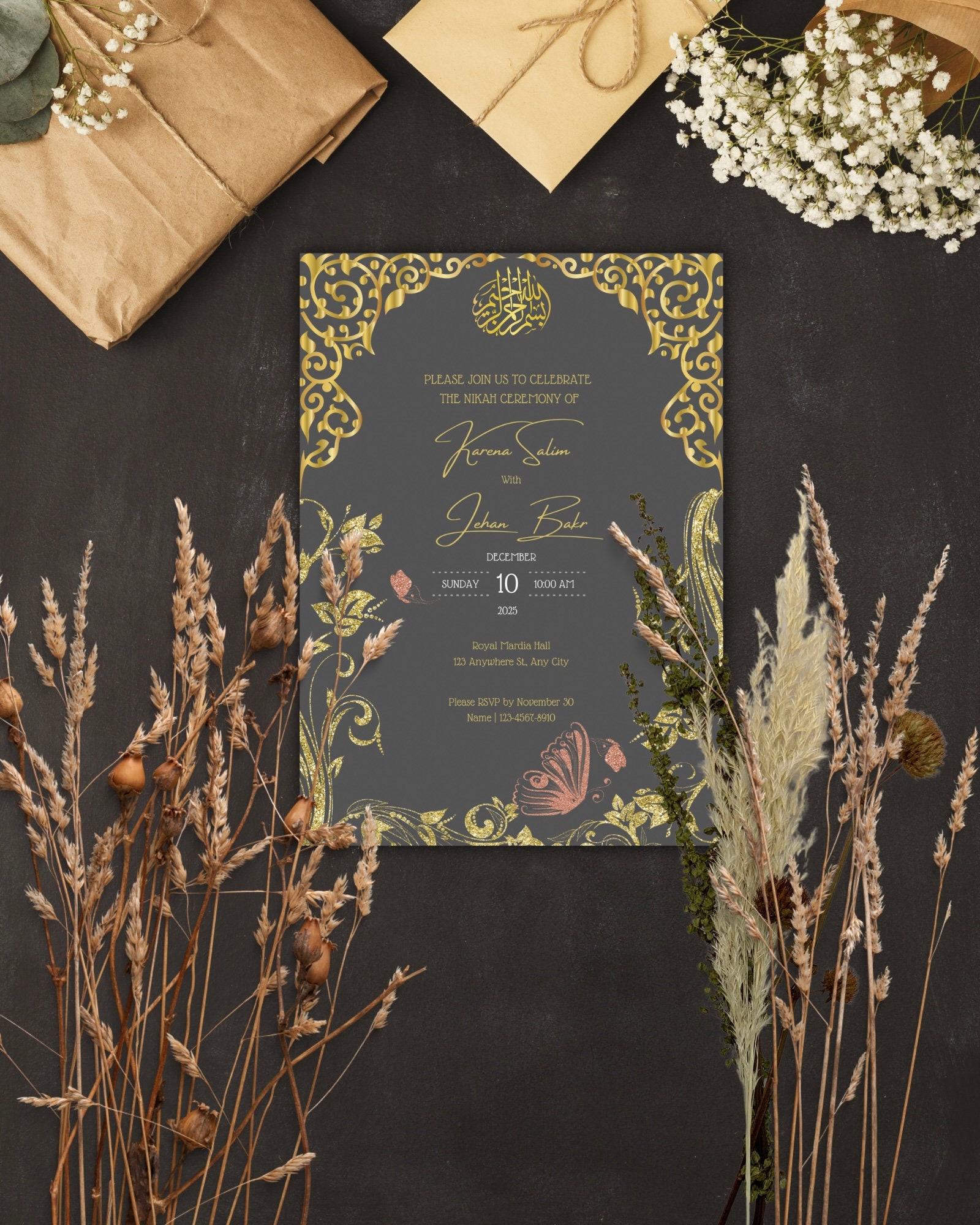 Custom Nikah Invitation Template, Dark Gold Muslim Wedding Reception ...