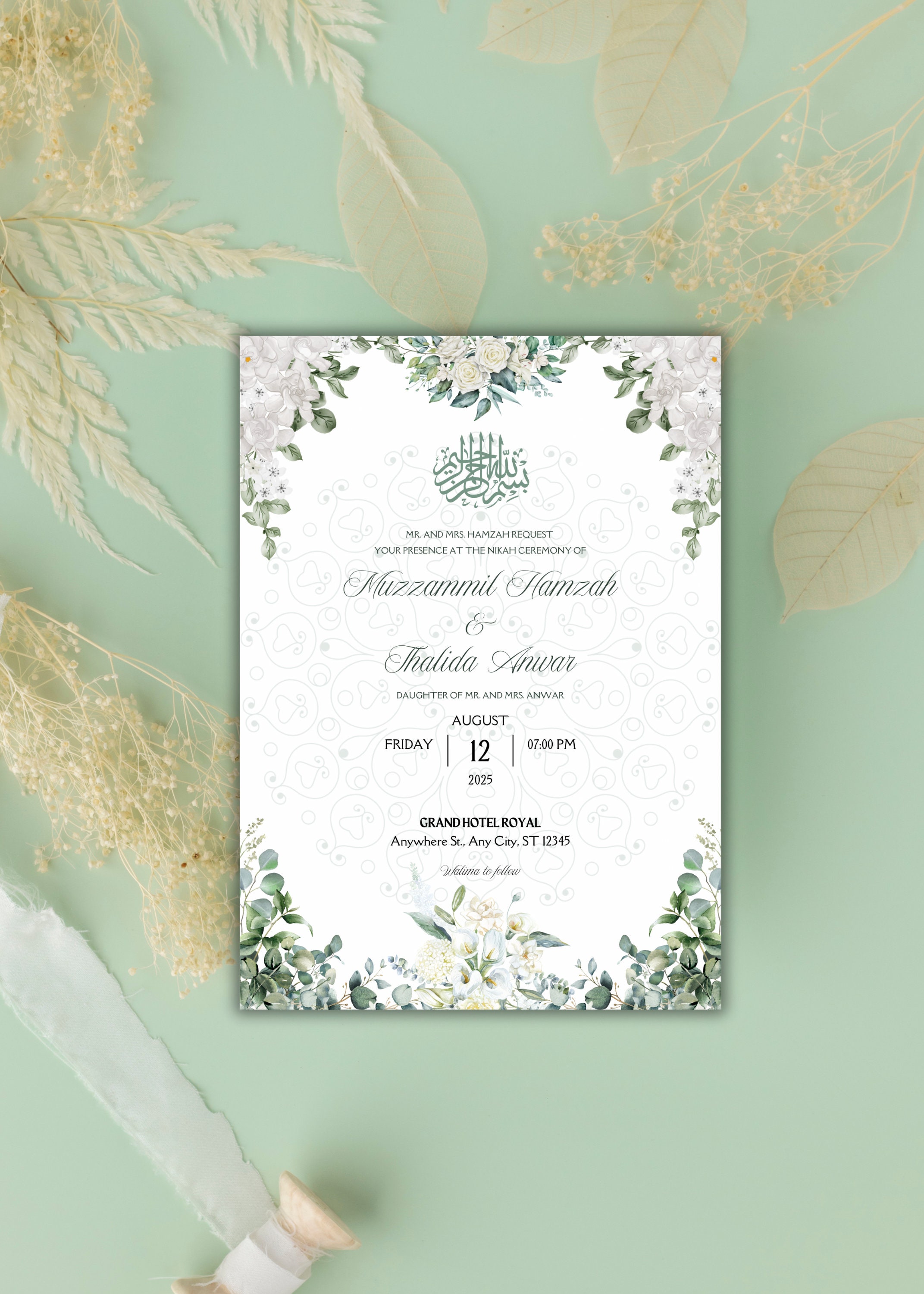 Custom Nikah Invitation Template, White Floral Muslim Wedding Reception ...