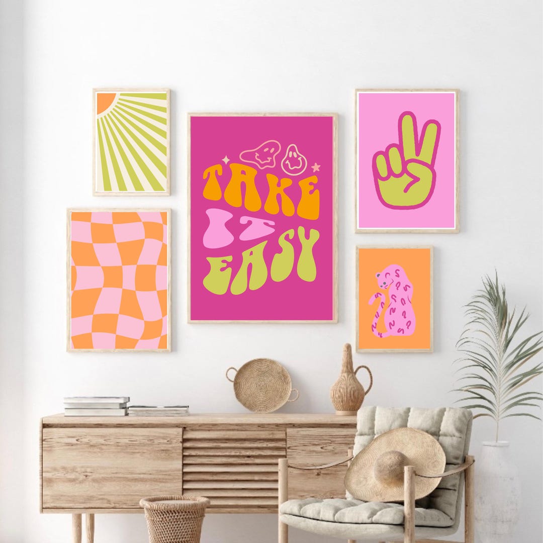 Hot Pink Retro Art Prints: Groovy Preppy Wall Collage (set of 8) - Etsy