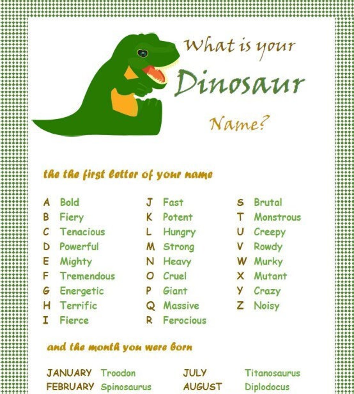 Digital Printable What's Your Dinosaur Name Birthday Party - Etsy