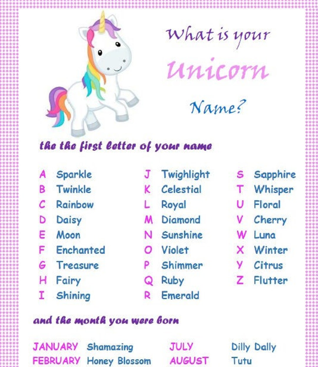 Digital Printable What's Your Unicorn Name Birthday Party - Etsy