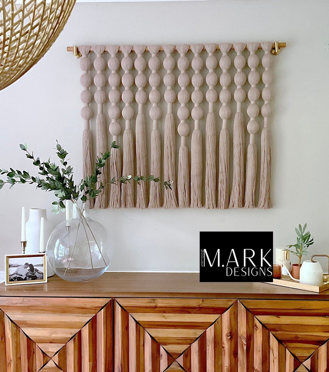 Taupe Macrame Wall Hanging: Fiber Art Mural With Yarn Wrapped Balls ...