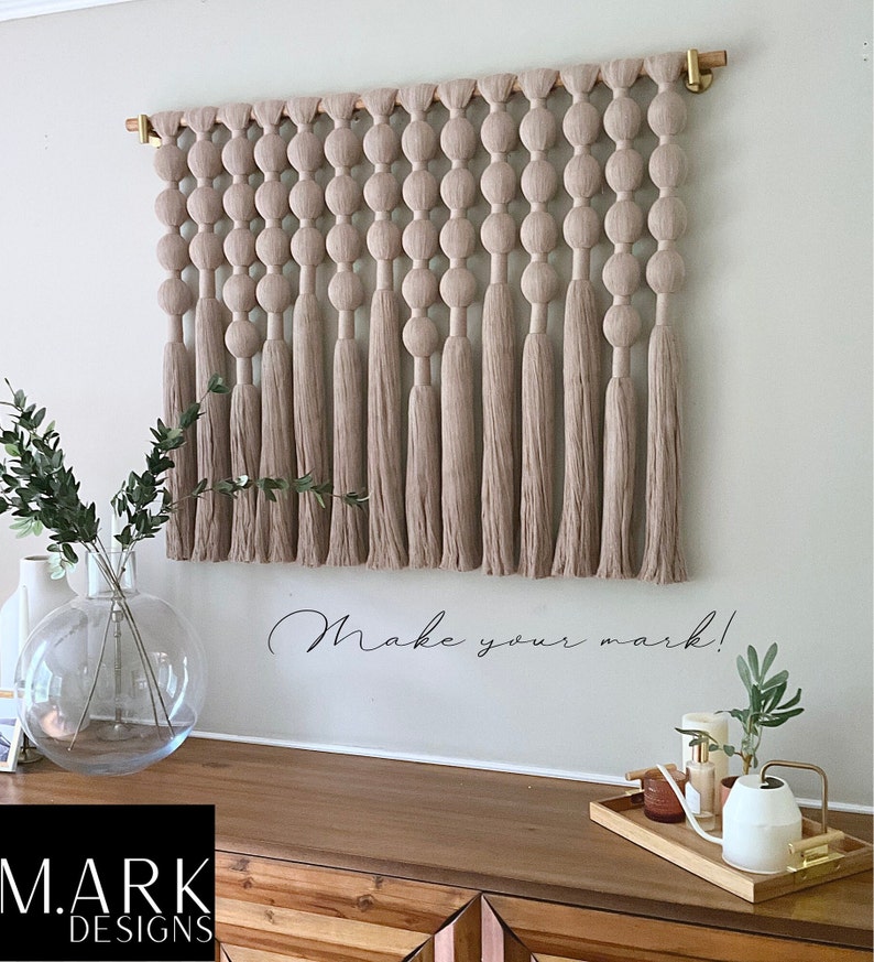 Taupe Macrame Wall Hanging: Fiber Art Mural With Yarn Wrapped Balls ...