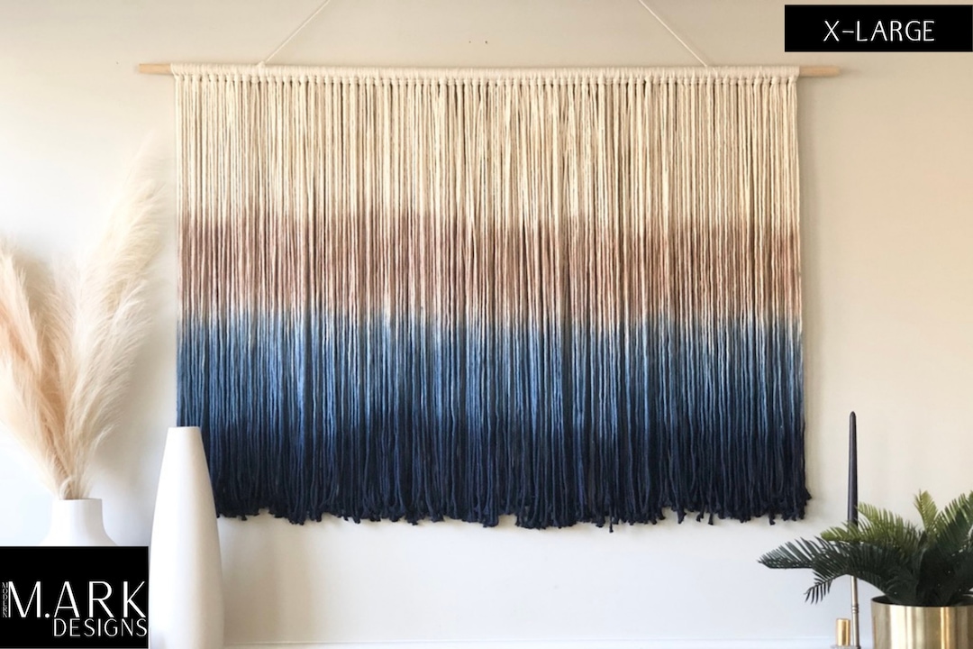 Blue Dip Dye Macrame Mural Ombre Yarn Wall Hanging Large Macrame ...