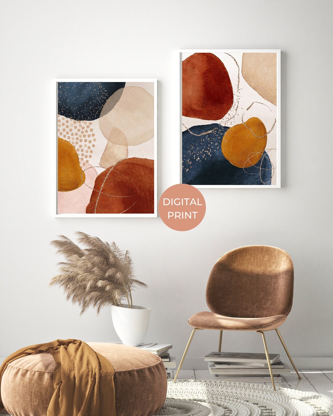 DIGITAL PRINTABLE terracotta & Blue SET of 3 Watercolor Abstract Mid ...