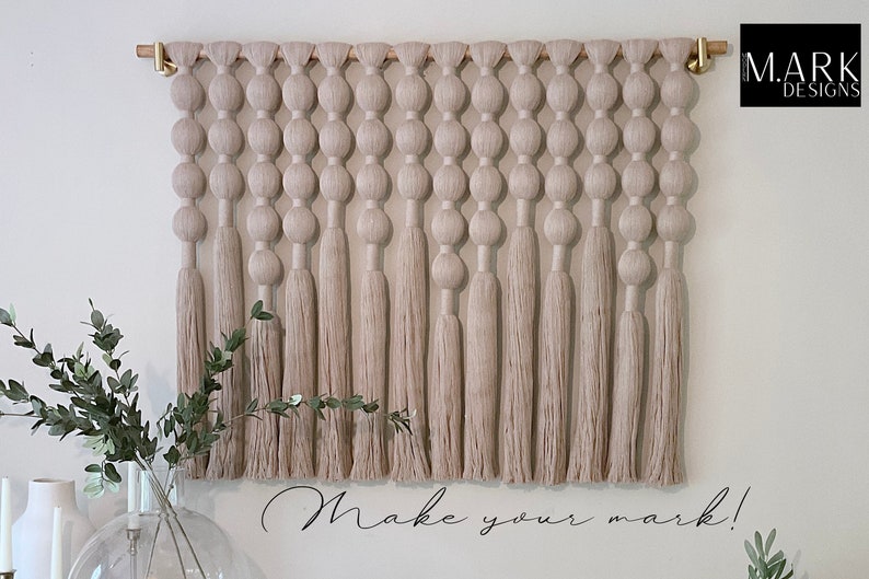 Taupe Macrame Wall Hanging: Fiber Art Mural With Yarn Wrapped Balls ...