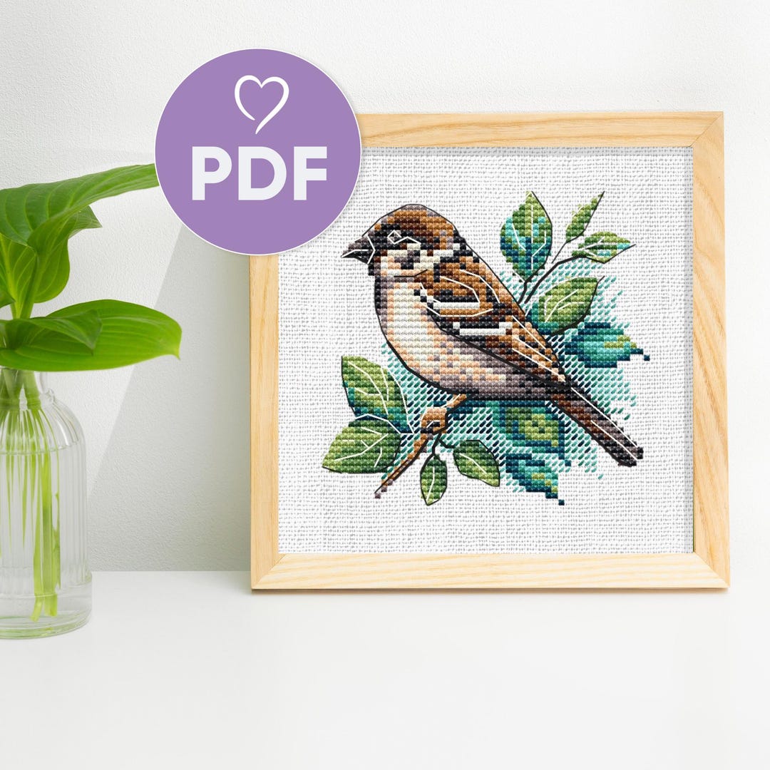 Sparrow on Branch Cross Stitch Pattern, Cute Sparrow Cross Embroidery ...