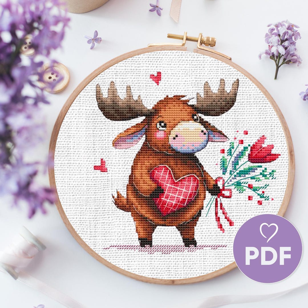 Cute Moose Cross Stitch Pattern, Moose With Heart & Flowers Design ...