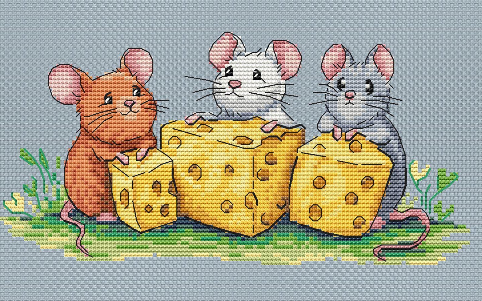 Cute Mice Cross Stitch Pattern PDF, Three Mice With Cheese Embroidery ...