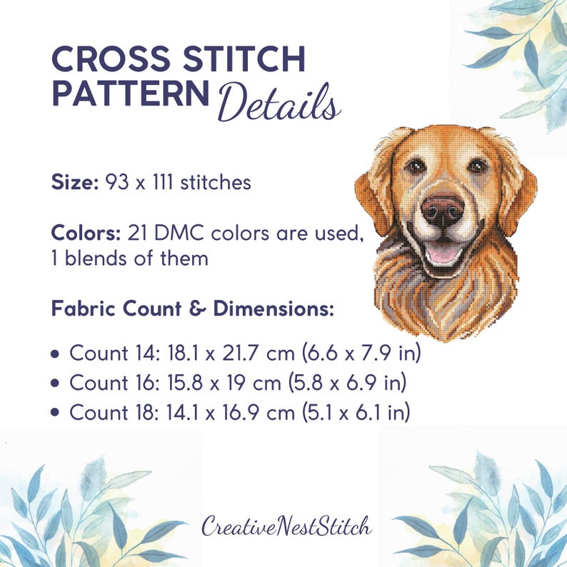 Golden Retriever Cross Stitch Pattern, Dog Portrait Embroidery Design ...
