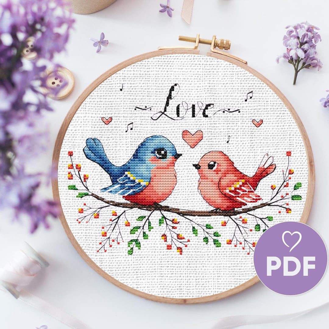 Love Birds Cross Stitch Pattern, Romantic Birds on a Branch Design, PDF ...