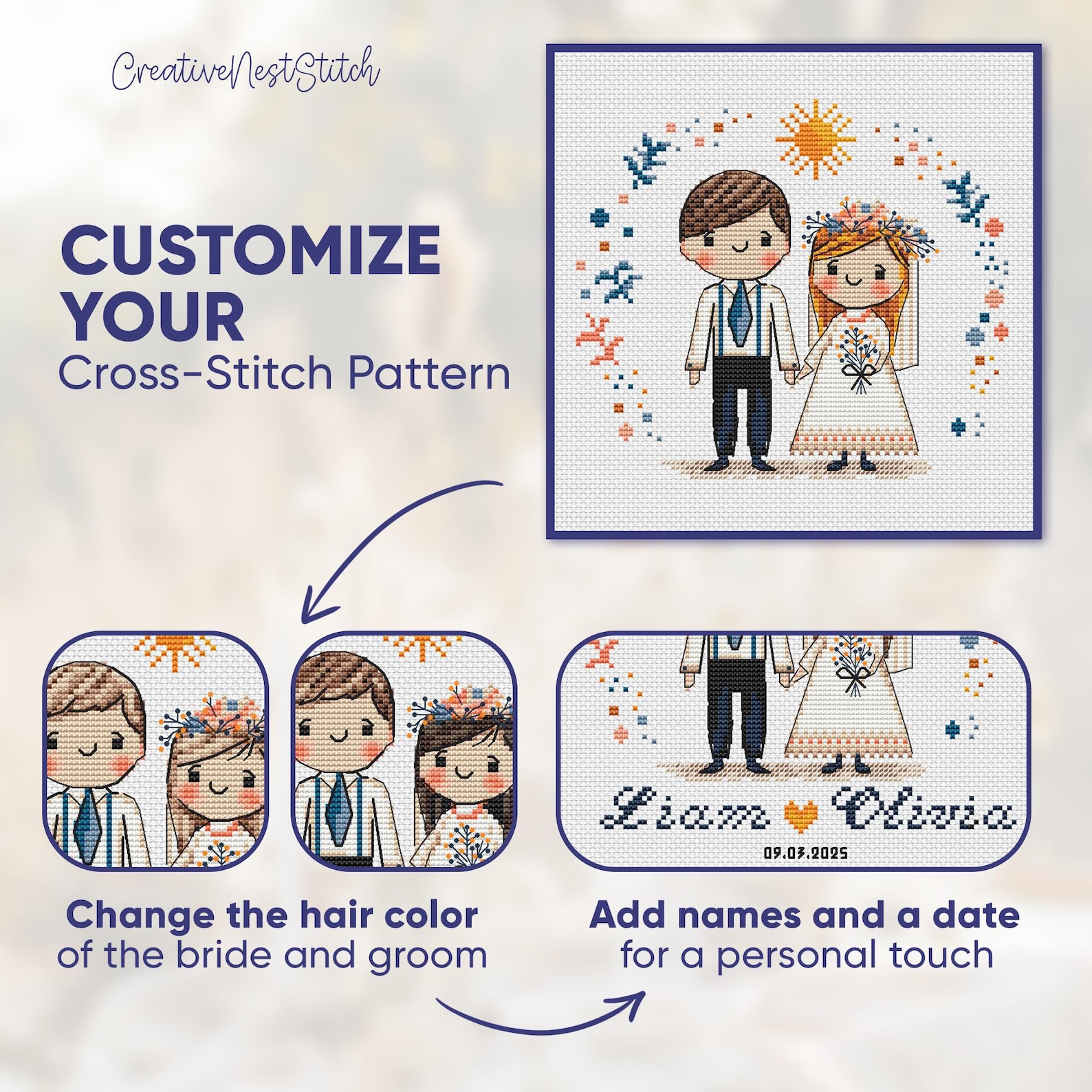 Custom Wedding Cross Stitch Pattern PDF, Personalized Bride & Groom ...
