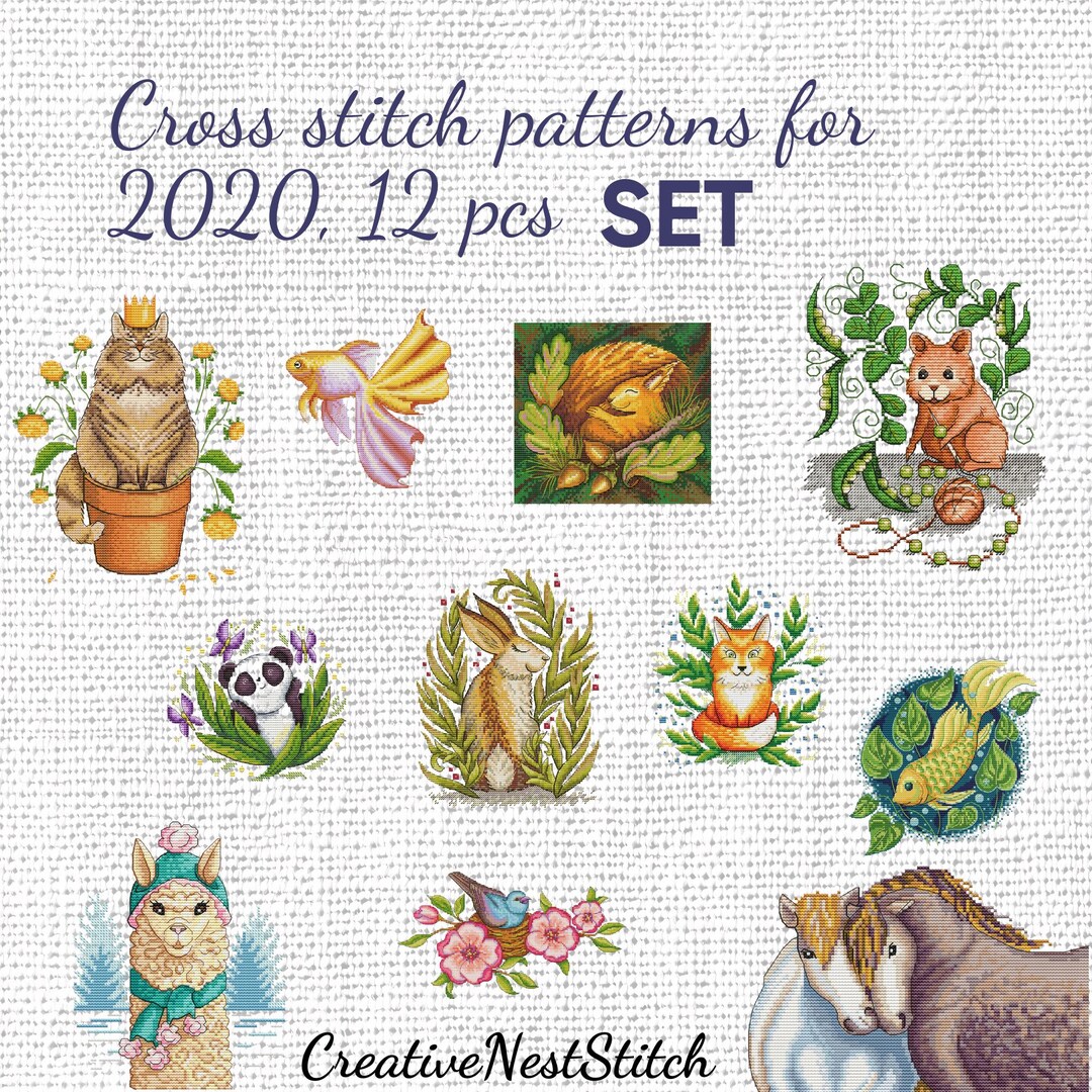 Set of 12 Cute Animal Cross Stitch Patterns – Cats, Horses, Fish, Bird ...