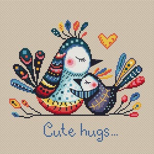 Cute Hugs Cross Stitch PDF Pattern, Birdie Embroidery Design, Mother ...