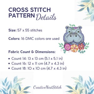 Cute Hippo Cross-stitch Pattern, Floral Hippo Embroidery PDF, Baby Shower Embroidery Gift ...