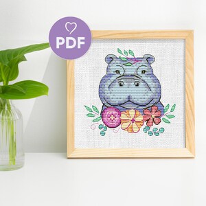 Cute Hippo Cross-stitch Pattern, Floral Hippo Embroidery PDF, Baby Shower Embroidery Gift ...