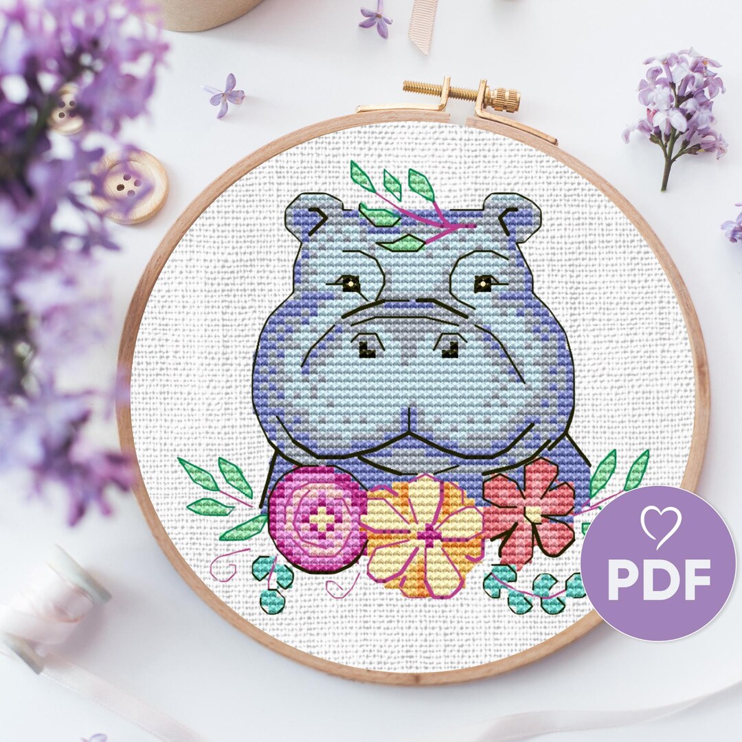 Cute Hippo Cross-stitch Pattern, Floral Hippo Embroidery PDF, Baby Shower Embroidery Gift ...