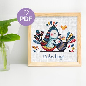 Cute Hugs Cross Stitch PDF Pattern, Birdie Embroidery Design, Mother ...
