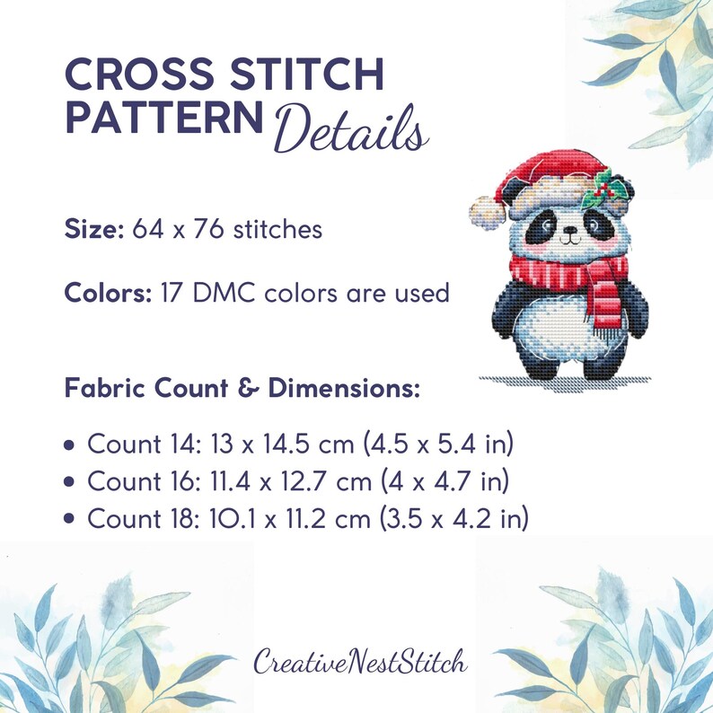 Christmas Panda Cross Stitch Pattern, Festive Animal Embroidery Design ...
