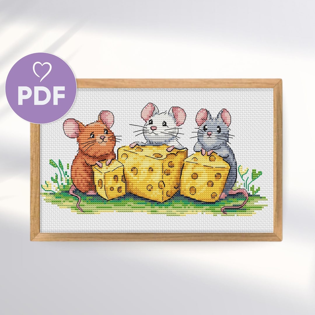 Cute Mice Cross Stitch Pattern PDF, Three Mice With Cheese Embroidery ...