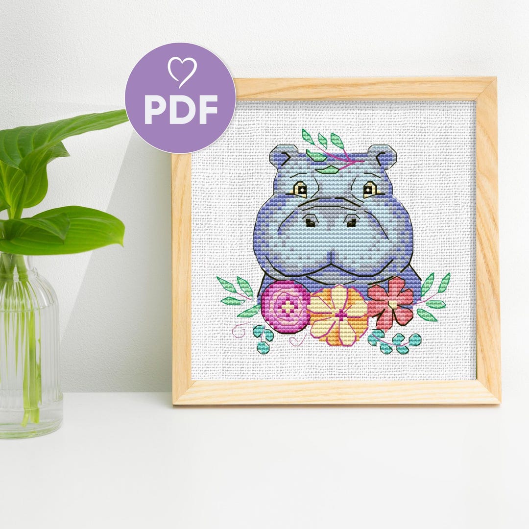 Funny Hippo Cross-stitch Pattern, Floral Cross Embroidery PDF, Baby ...