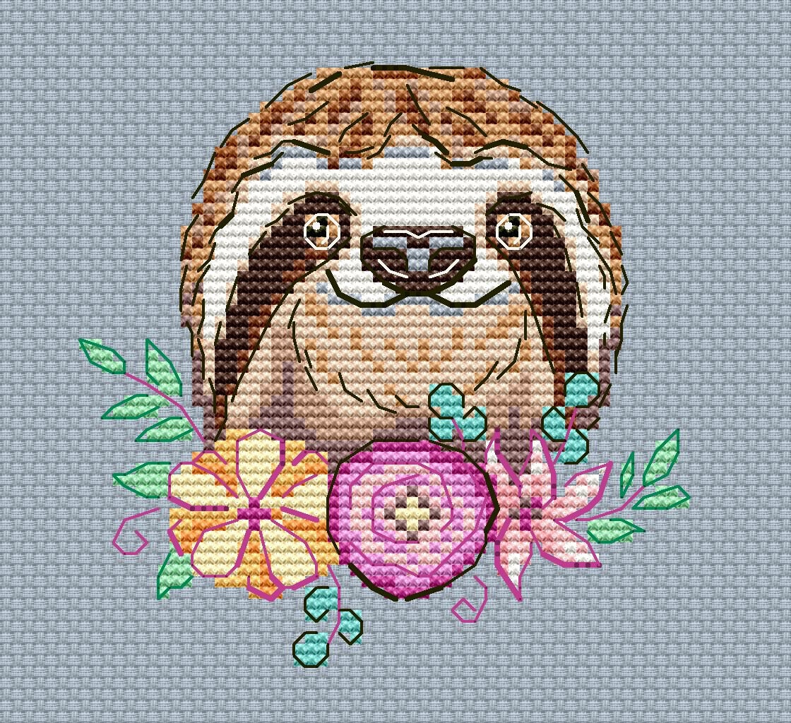 Sloth Cross Stitch PDF Pattern, Floral Embroidery Design With Cute ...