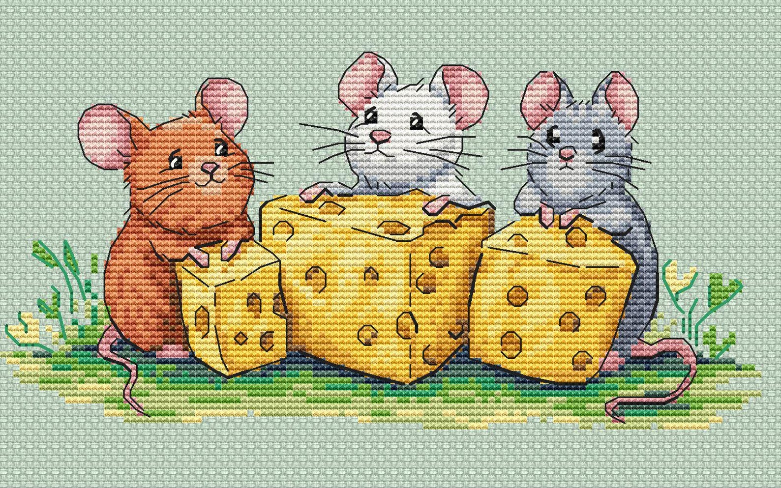 Cute Mice Cross Stitch Pattern PDF, Three Mice With Cheese Embroidery ...