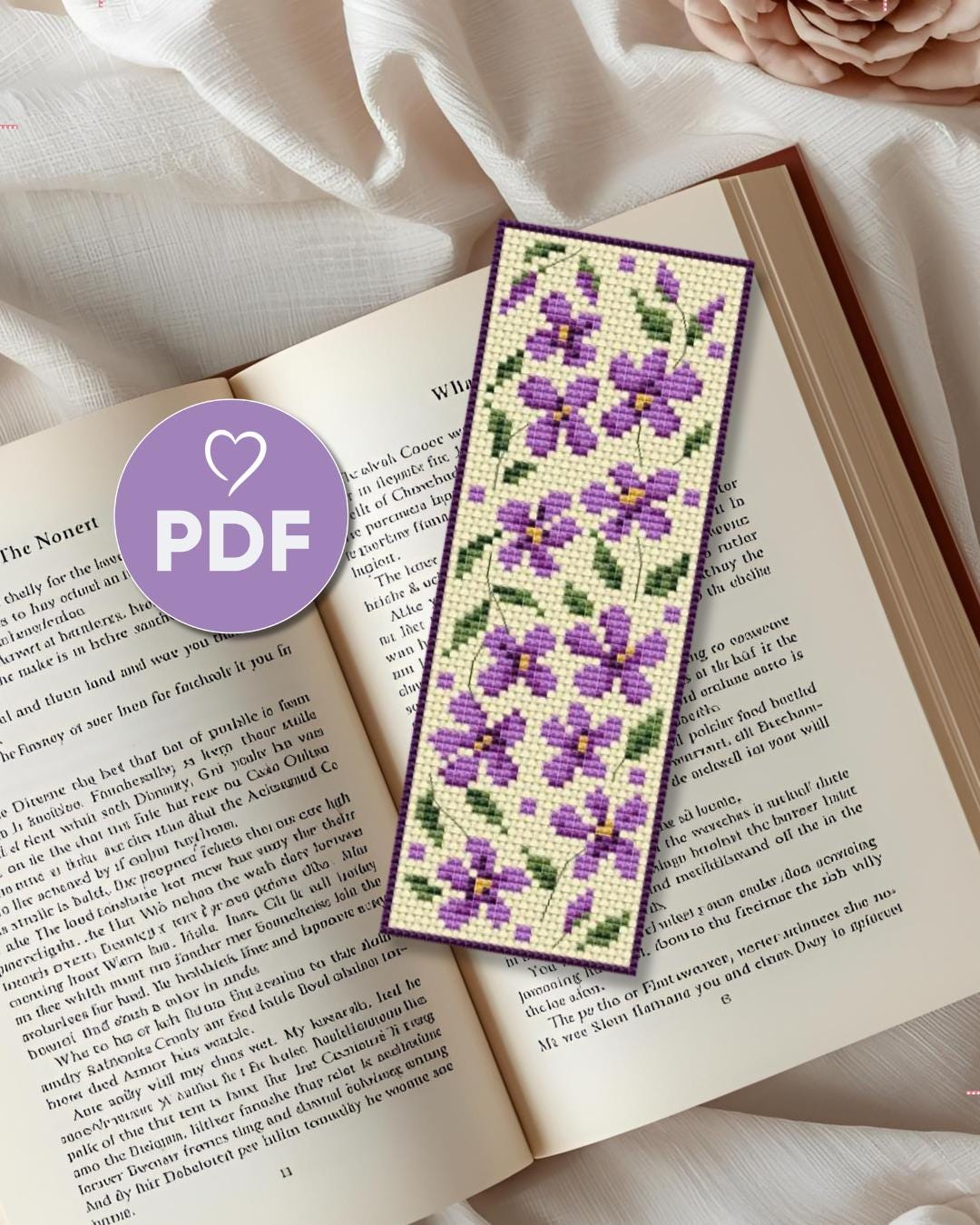 Purple Floral Bookmark Cross Stitch Pattern PDF, Easy Cute Violet ...