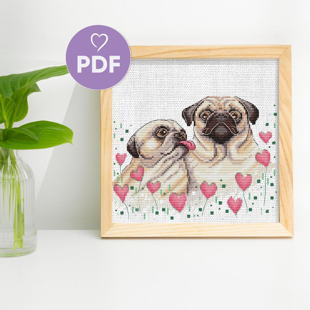 Pug Dogs Cross Stitch PDF Pattern, Romantic Embroidery Design With ...