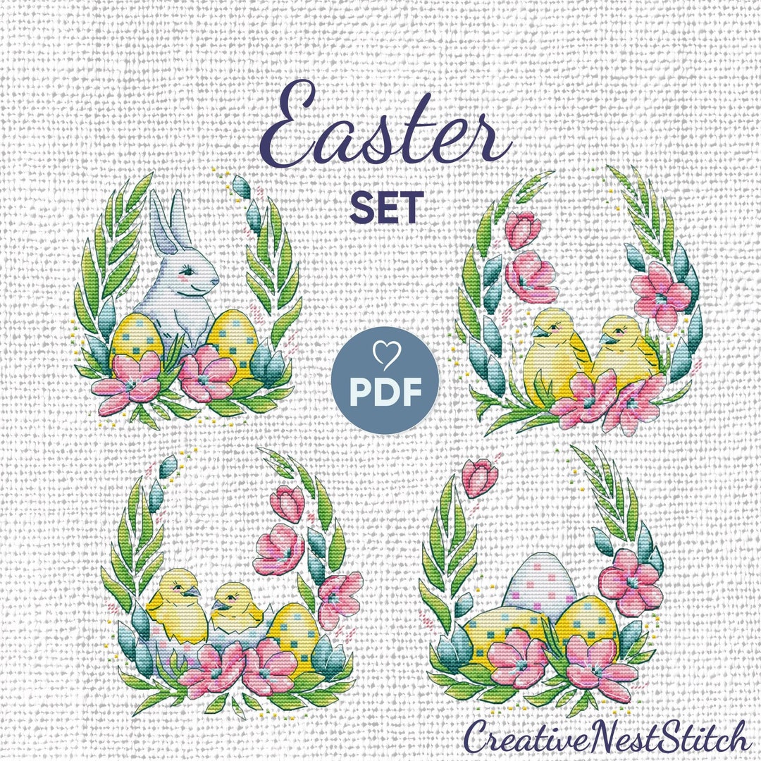 Easter Bunny & Chick Cross Stitch Set, Spring Holiday Embroidery ...