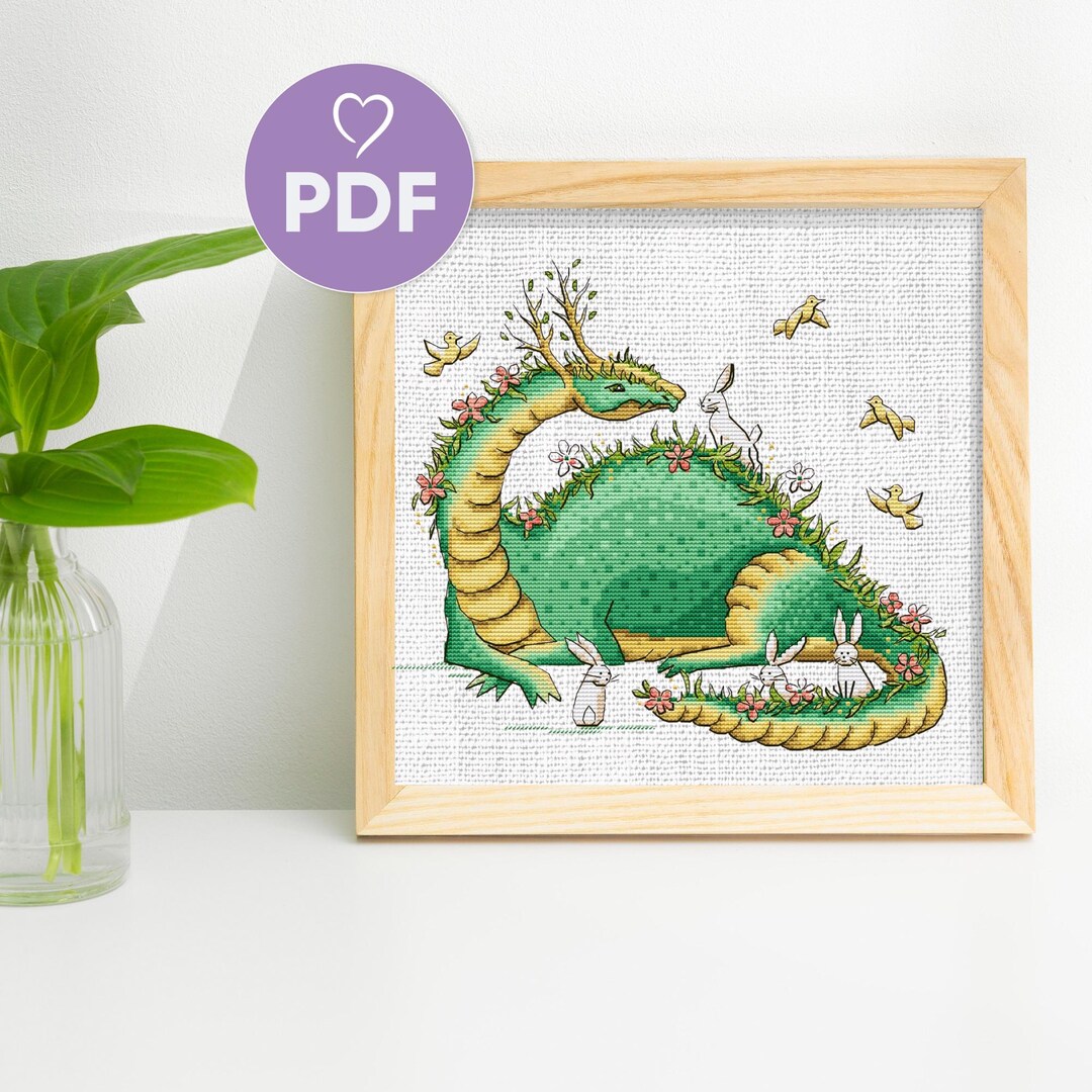 Enchanted Forest Dragon Cross Stitch Design, Whimsical Green Dragon ...