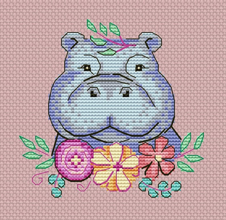 Cute Hippo Cross-stitch Pattern, Floral Hippo Embroidery PDF, Baby ...