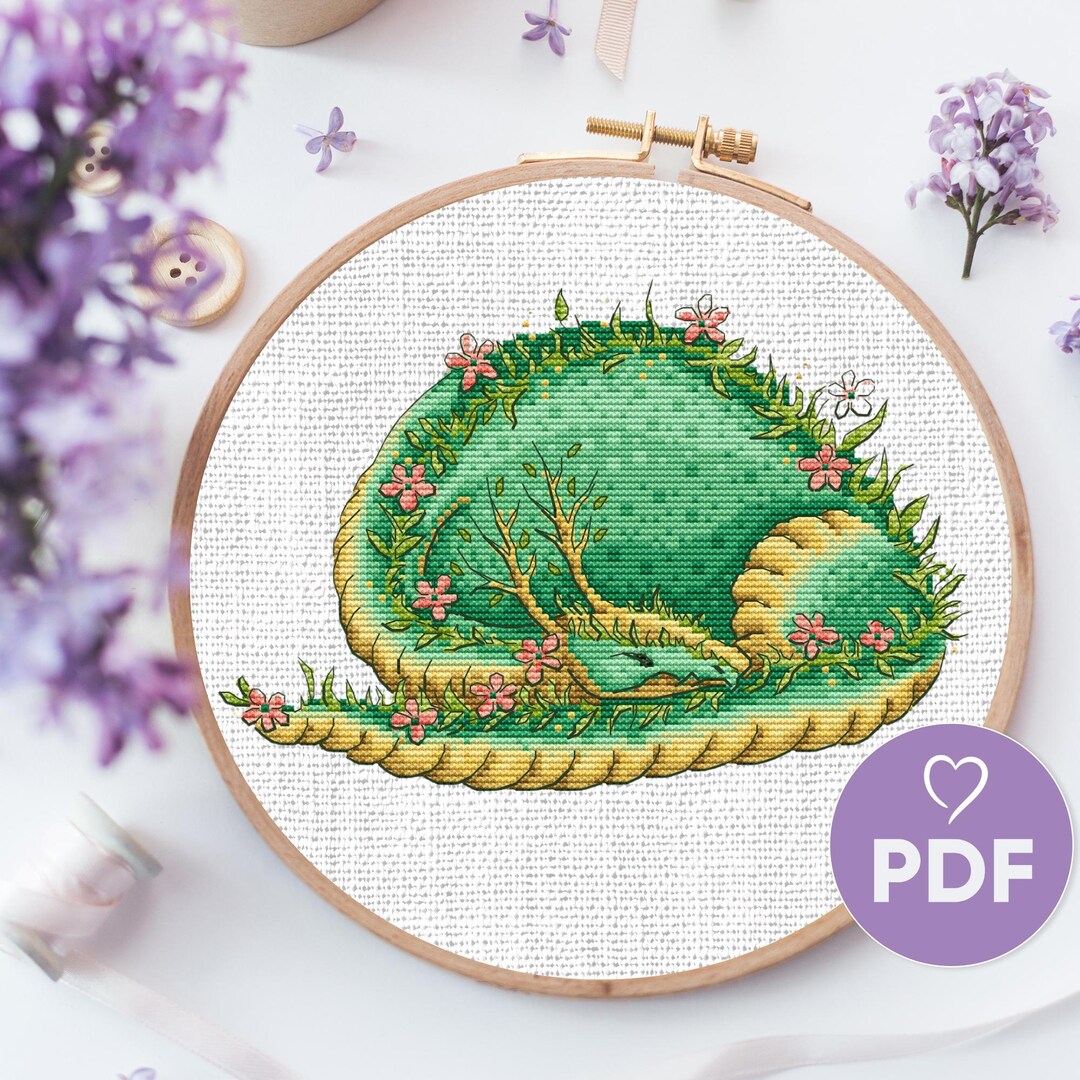 Sleeping Dragon Cross Stitch Pattern, Fantasy Dragon With Green Grass ...