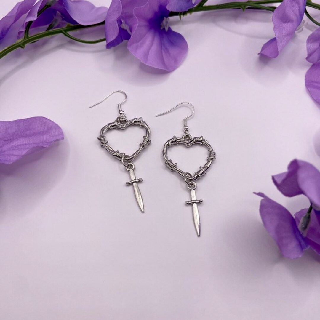 Barbed Wire Heart Dagger Silver Earrings - Etsy