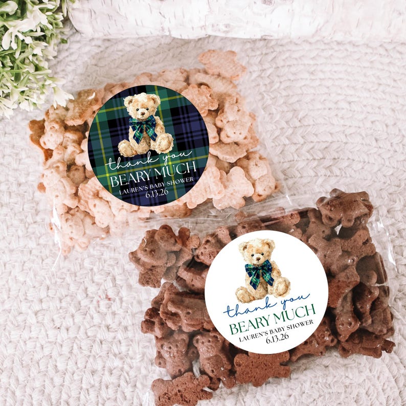 Elegant Teddy Bear Baby Shower Stickers - Thank You Beary Much - Bearly ...