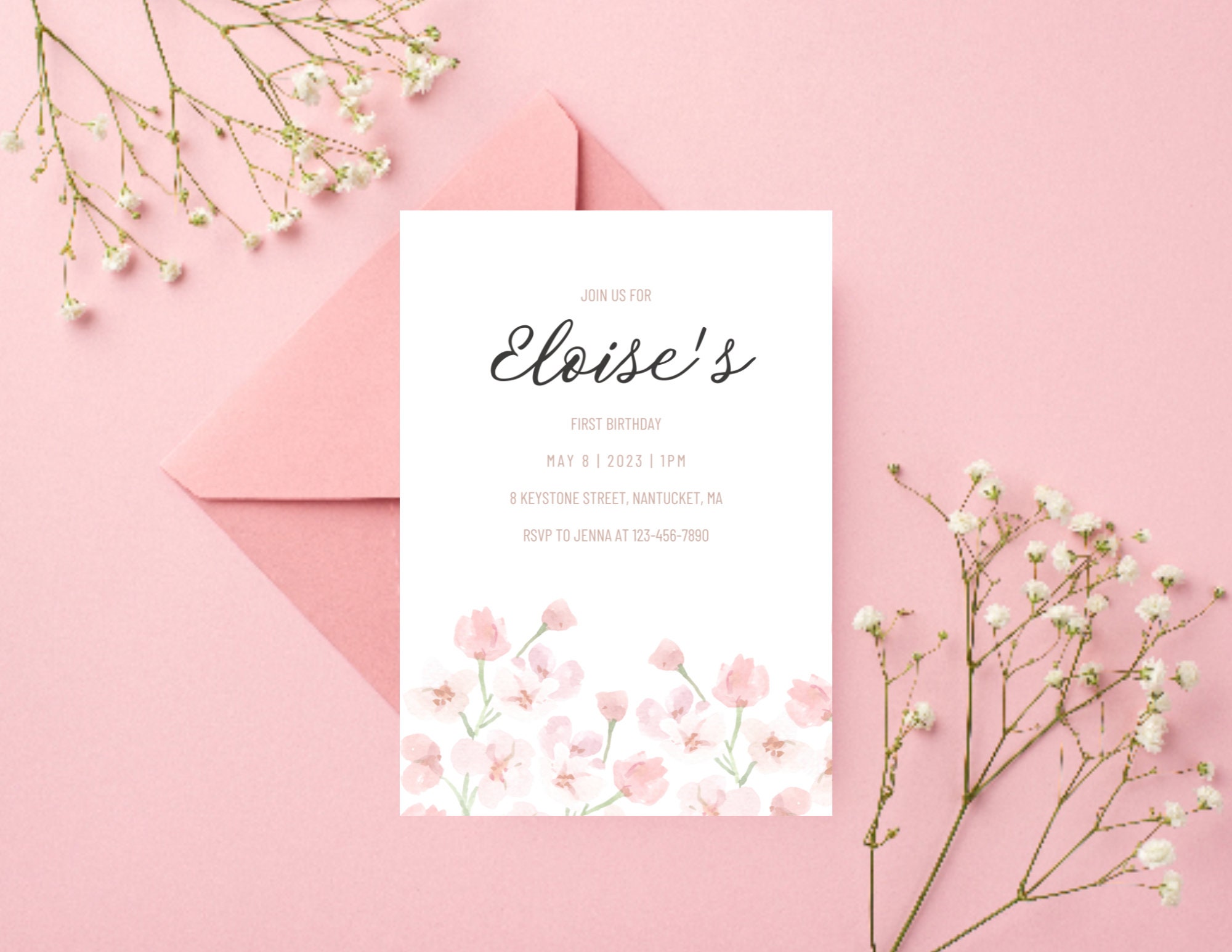 Girl's First Birthday Invitation Template 5x7 Pink - Etsy