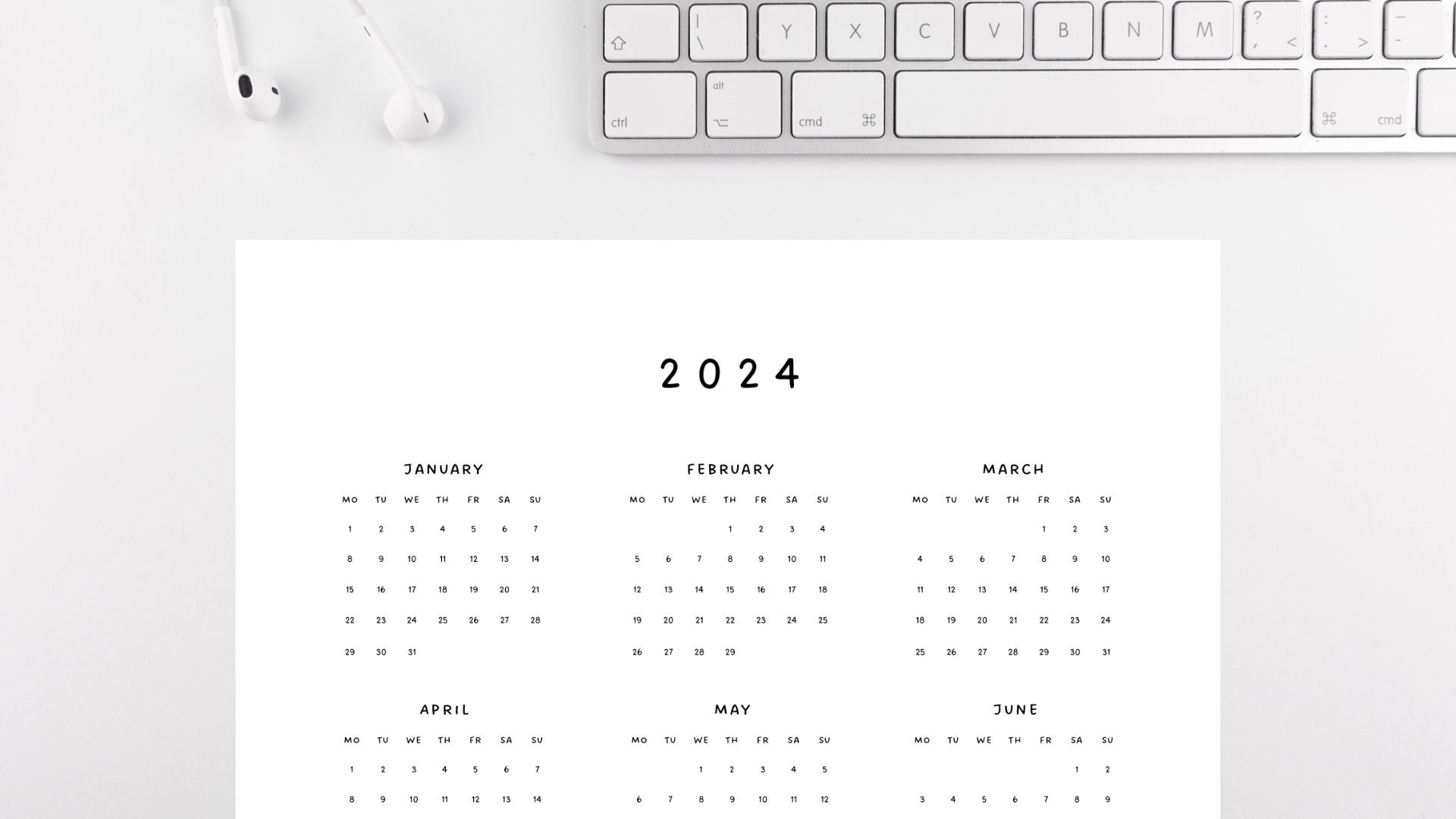 Simple Printable Calendar 2024 A Year at A Glance Letter 8.5x11 ...