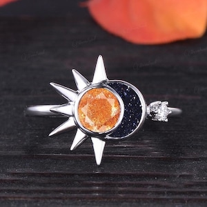 Unique Sunstone Engagement Ring Sun & Moon Ring Blue Sandstone Galaxy ...
