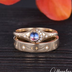 Unique Moonstone Couples Ring Set for Men and Women Moon Star Comfort Fit Wedding Band Vintage ...