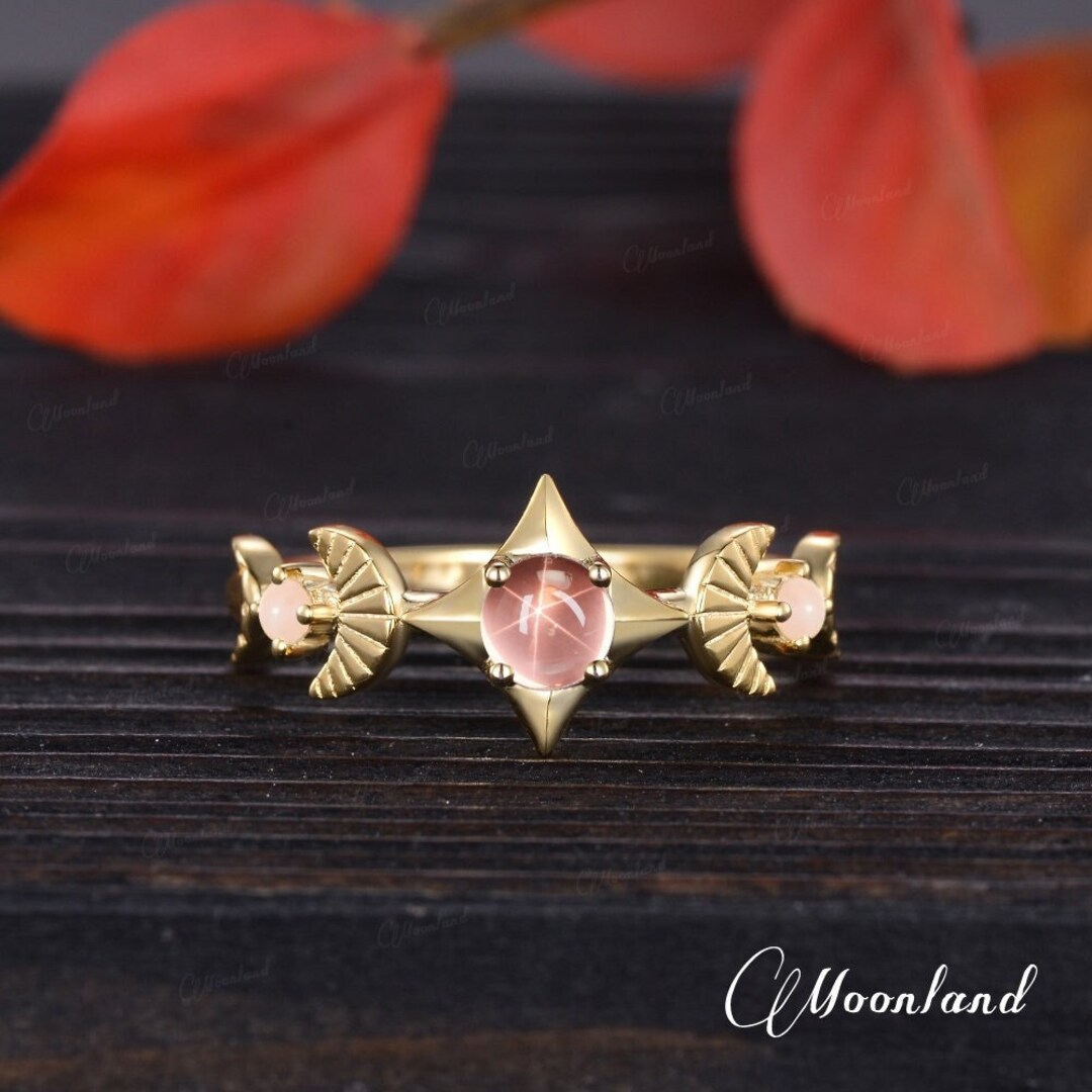 Unique Star Rose Quartz Engagement Ring Vintage Moon Star Ring ...
