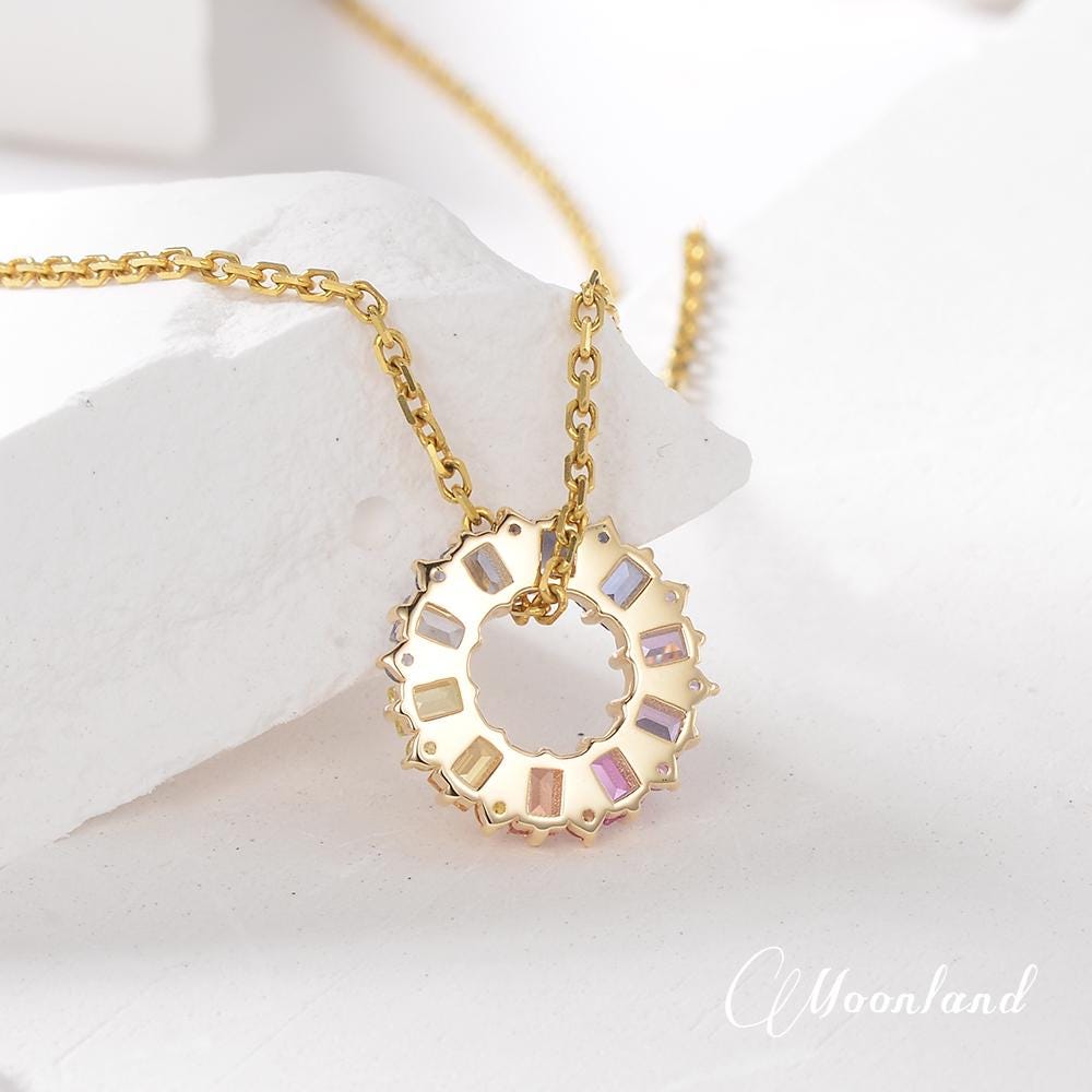 Dainty Rainbow Sapphire Pendant Necklace Emerald Cut Multi Color ...