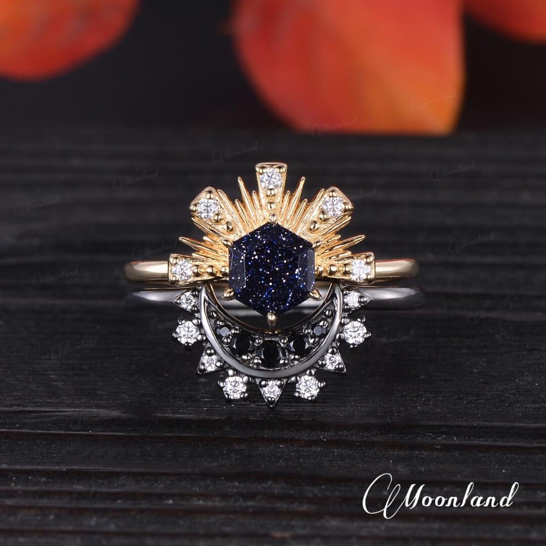 Sun and Moon Engagement Rings Set Unique Hexagon Cut Blue Sandstone ...
